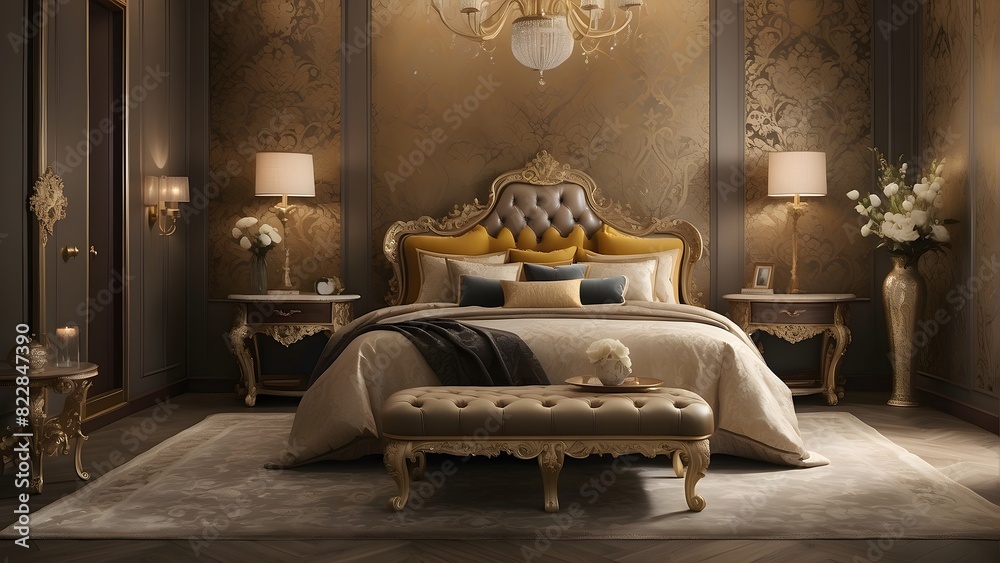 Royal luxury bedroom interior design, modern sepia and golden interior ...