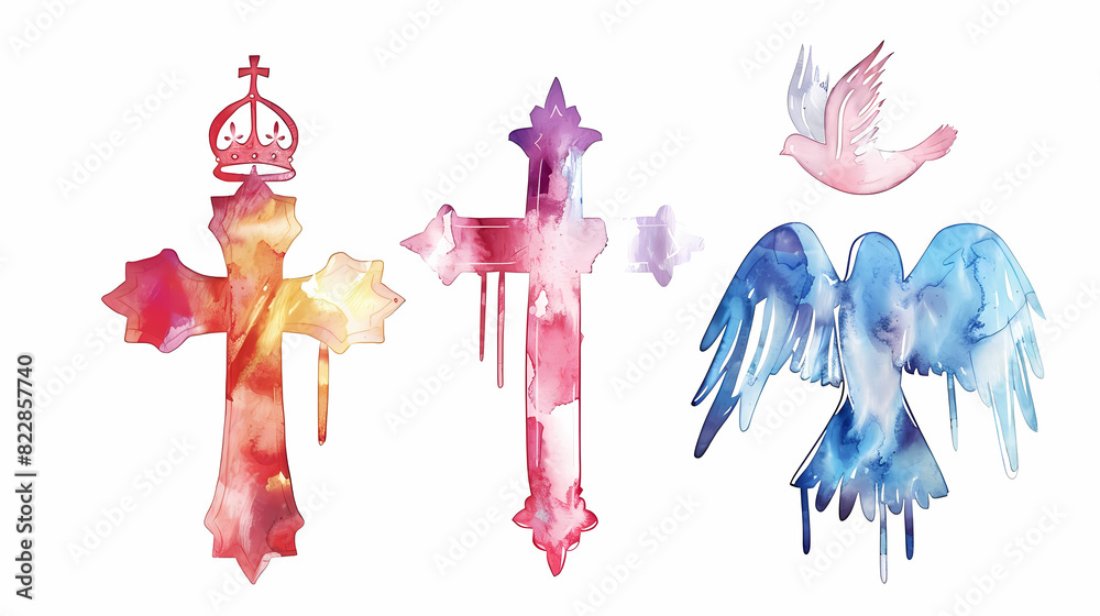 Holy Trinity symbols. Cross, crown and dove of Holy Spirit. Watercolor ...