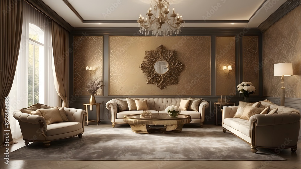 Royal luxury living room interior design, modern sepia and golden ...