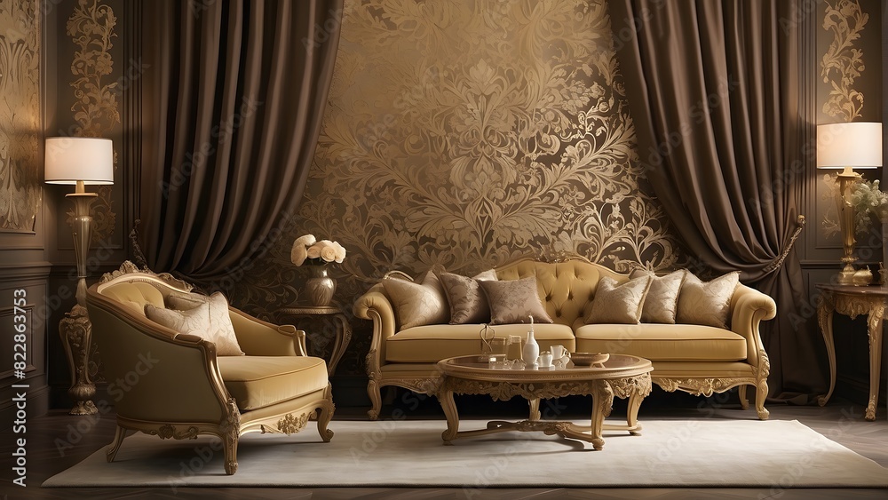 Royal luxury living room interior design, modern sepia and golden ...