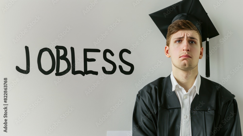 A young graduate man wearing a graduation costume and toga hat stands ...