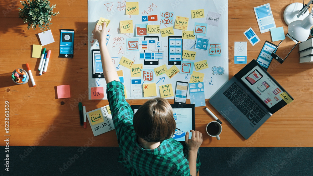 Top view of smart developer working on tablet and writing Ux Ui design ...