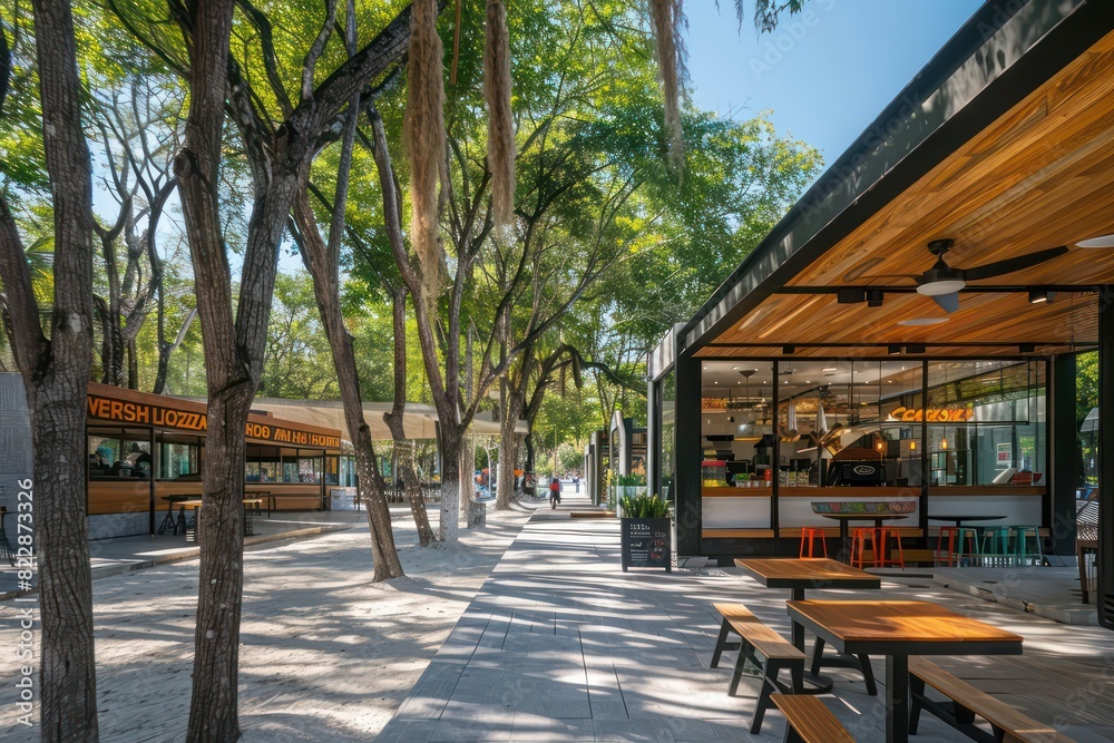 wallpaper row of food storefronts with a pizzeria, a taco joint, burger ...
