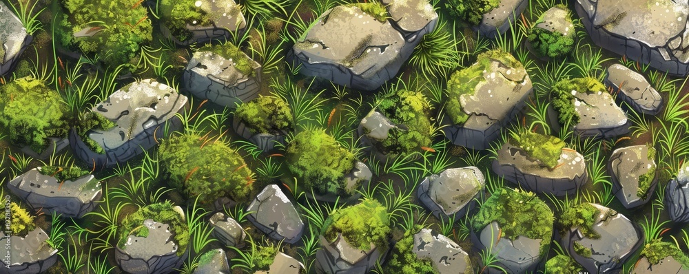 Textures of ground with moss, stones, and green grass, designed as a ...