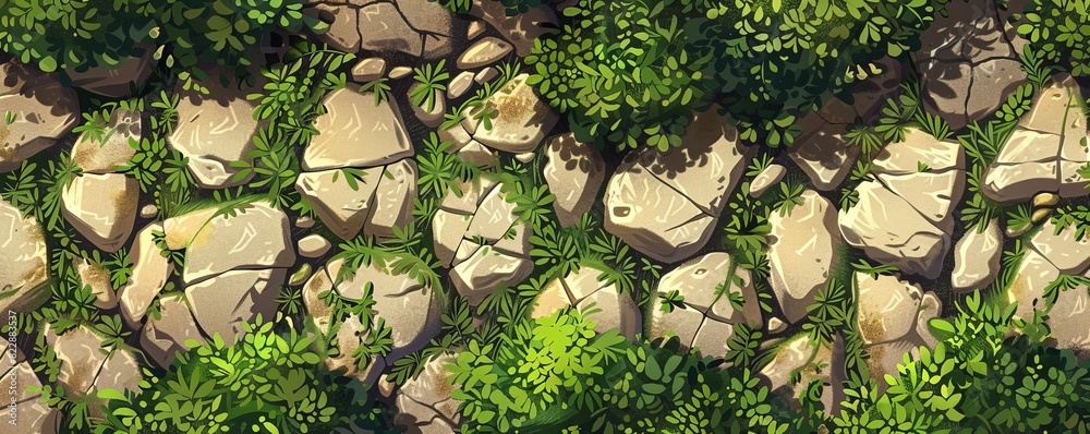 Textures of ground with moss, stones, and green grass, designed as a ...