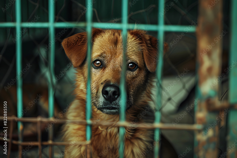 Concept of Heartbreaking Scene in Animal Shelter, Sad Dog in Gloomy ...