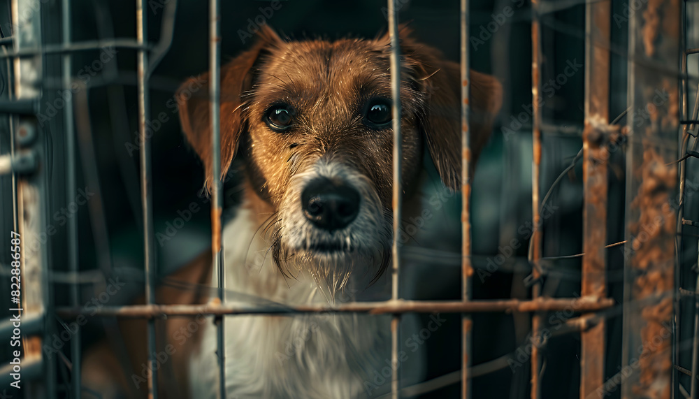 Concept of Heartbreaking Scene in Animal Shelter, Sad Dog in Gloomy ...
