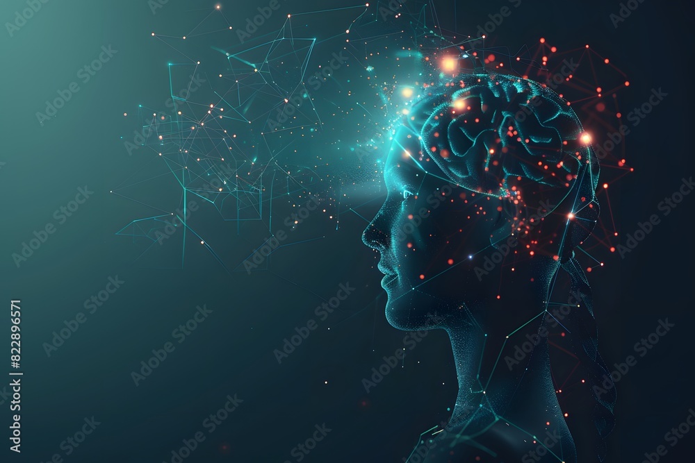 Abstract Human Head Profile with Digital Brain and Geometric Shapes ...