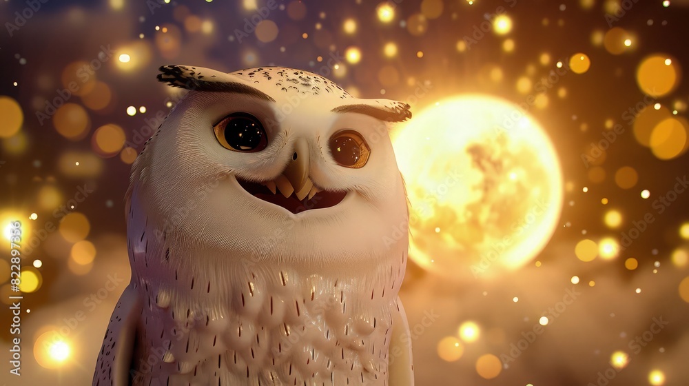 An owl flying silently against a night sky, with a sparkling background ...