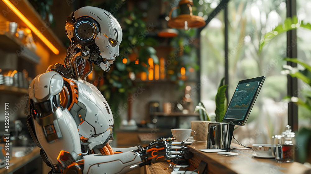 An AI robot cyborg making coffee with a coffee machine. The theme of ...