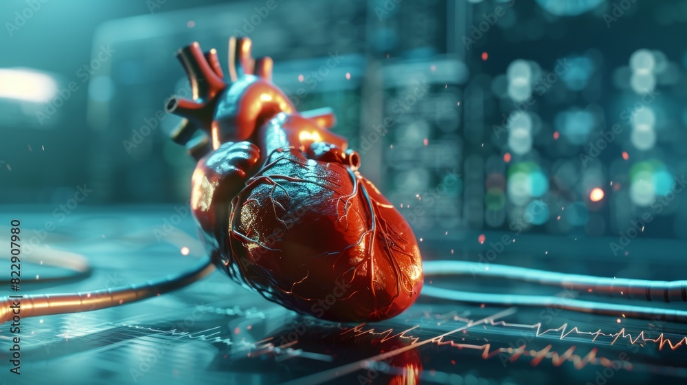 Anatomy of human heart on ecg medical background. 3d render. Cardiology ...