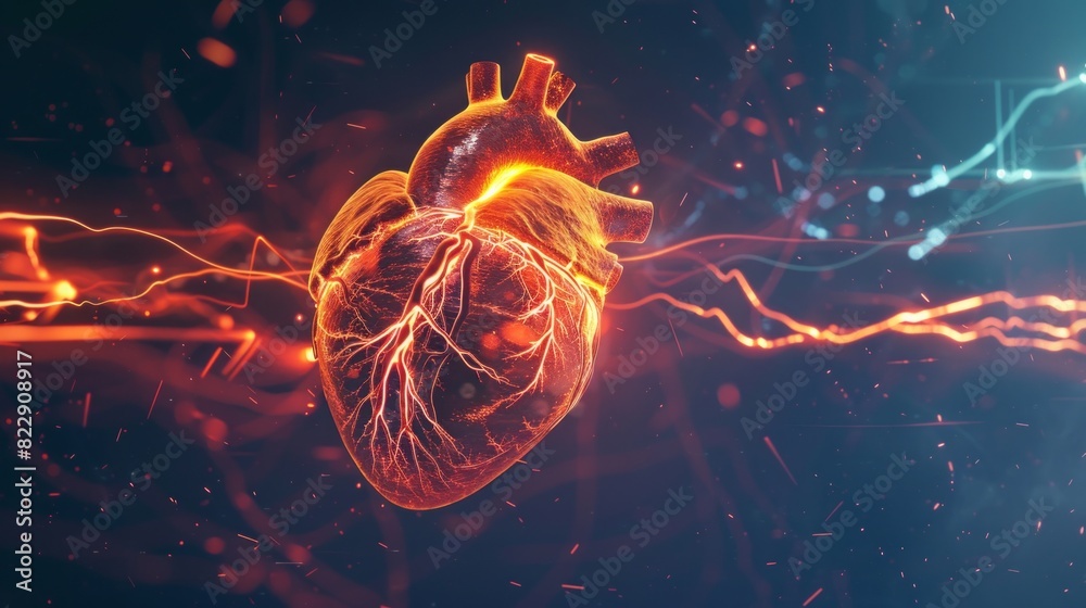 Realistic depiction of a beating heart with electrical impulses ...
