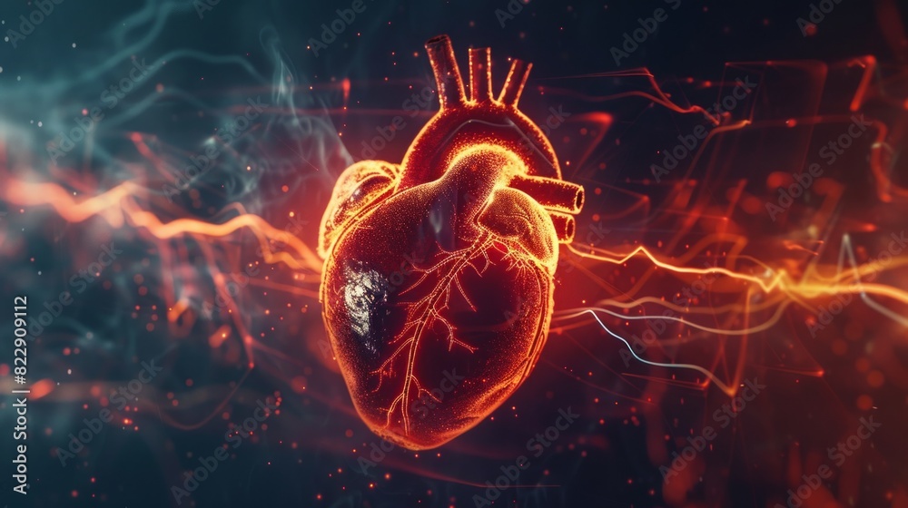 Realistic depiction of a beating heart with electrical impulses ...