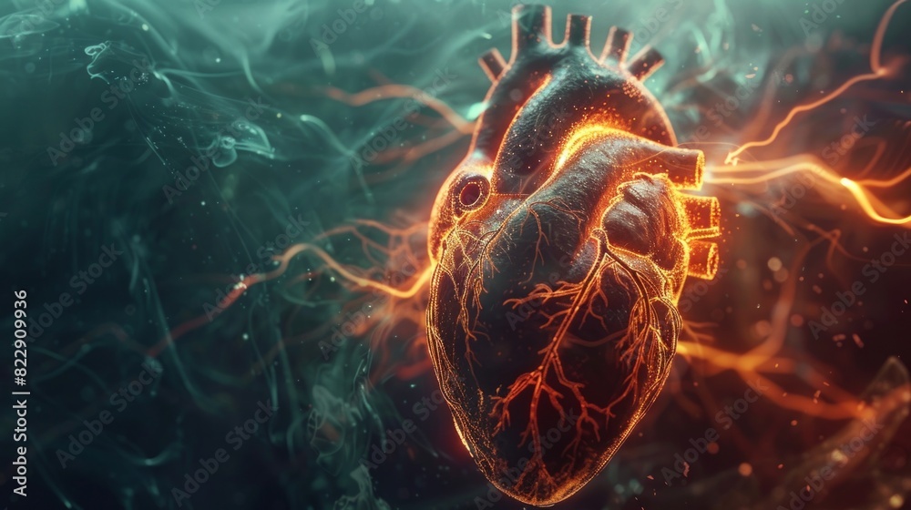 Realistic depiction of a beating heart with electrical impulses ...