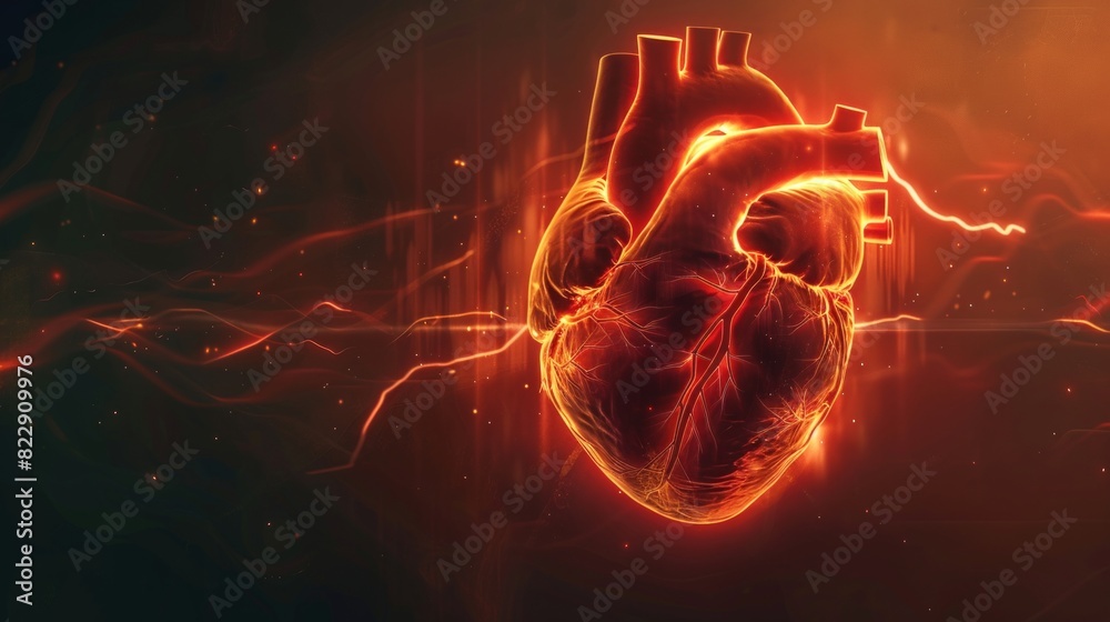 Realistic depiction of a beating heart with electrical impulses ...