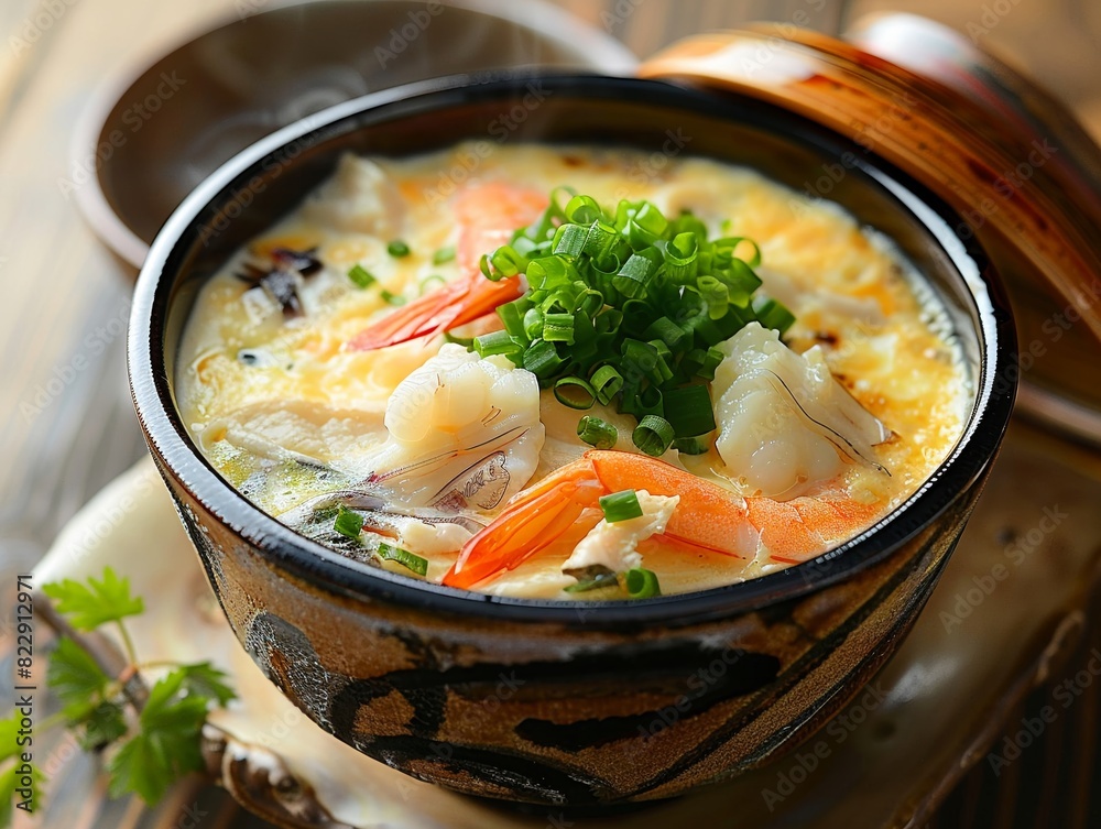 A bowl of Japanese chawanmushi steamed egg custard with seafood and ...
