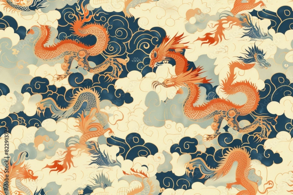 Seamless Pattern with Mythical Creatures and Stylized Clouds Stock ...