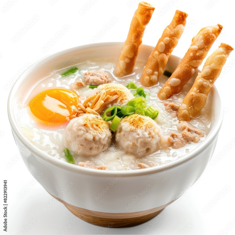 Front view fragrant congee rice porridge with boil egg and pork ball ...