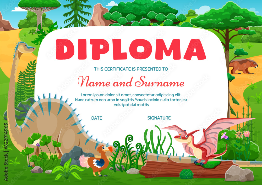 Kids diploma, cartoon funny dinosaurs. Colorful children certificate ...