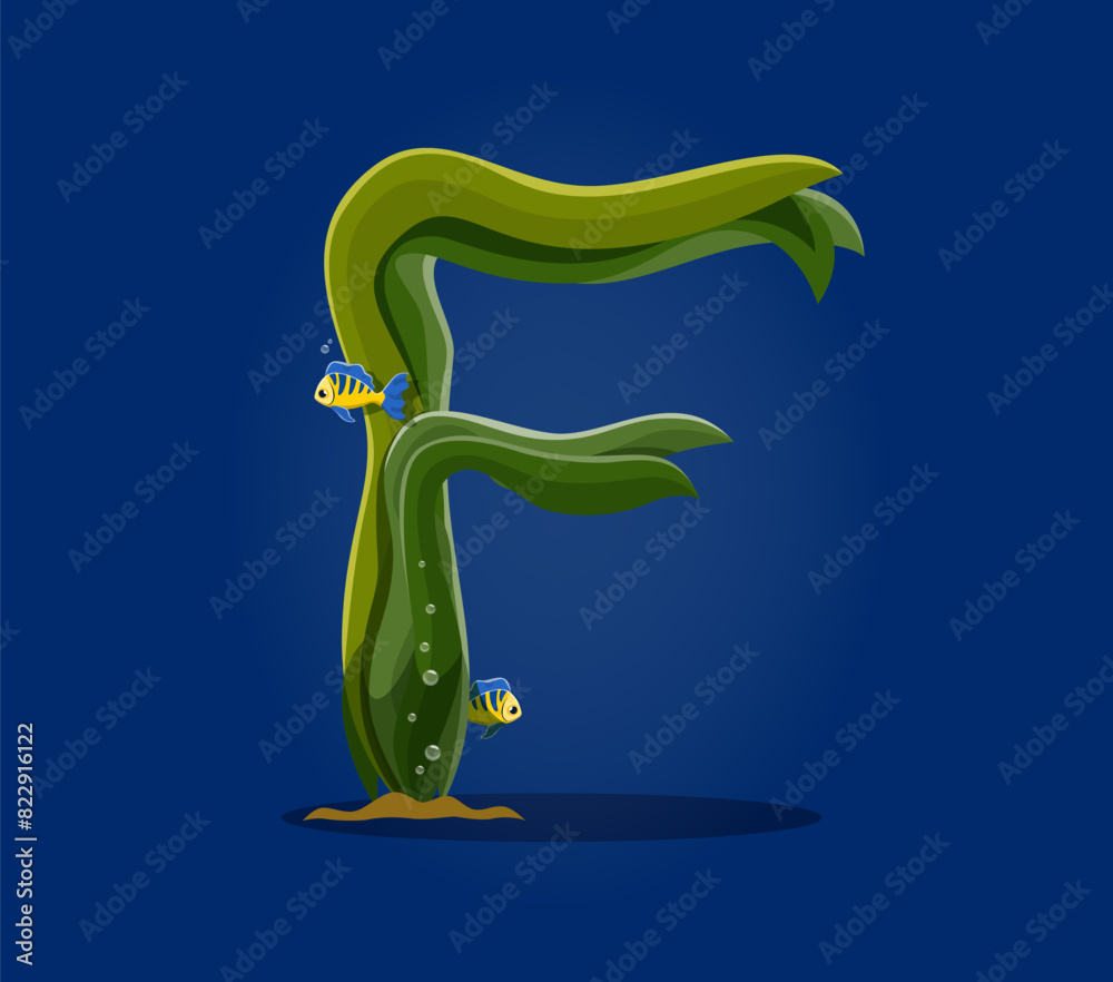 Sea animal in underwater font, letter F seaweed and ocean fishes ...