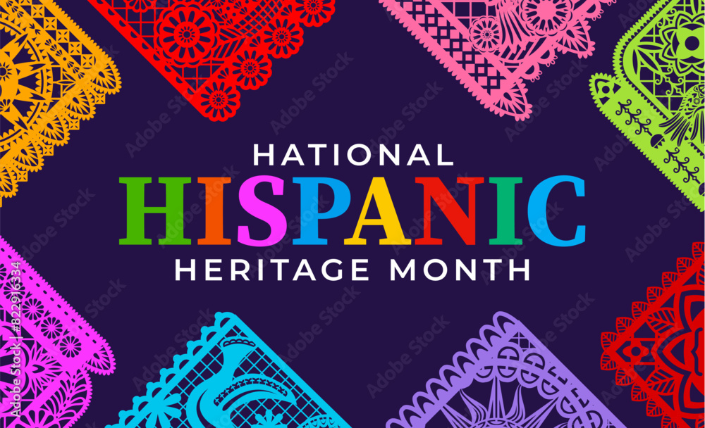 Papel picado paper cut flags on national Hispanic heritage month banner ...