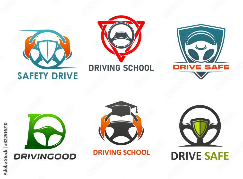 Drive school icons with steering wheels. Safe drive, driving school ...