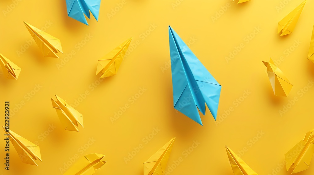 One blue paper plane is flying on yellow background among a group of ...
