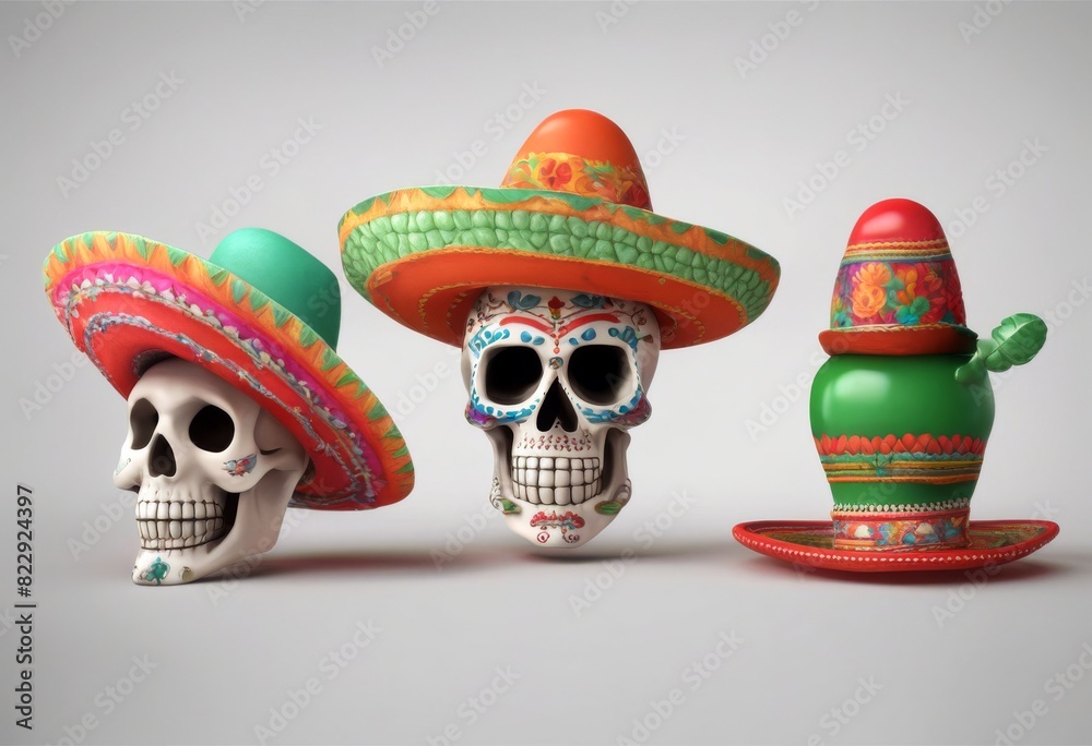 mexican olated decor background hat set render painted calavera party ...