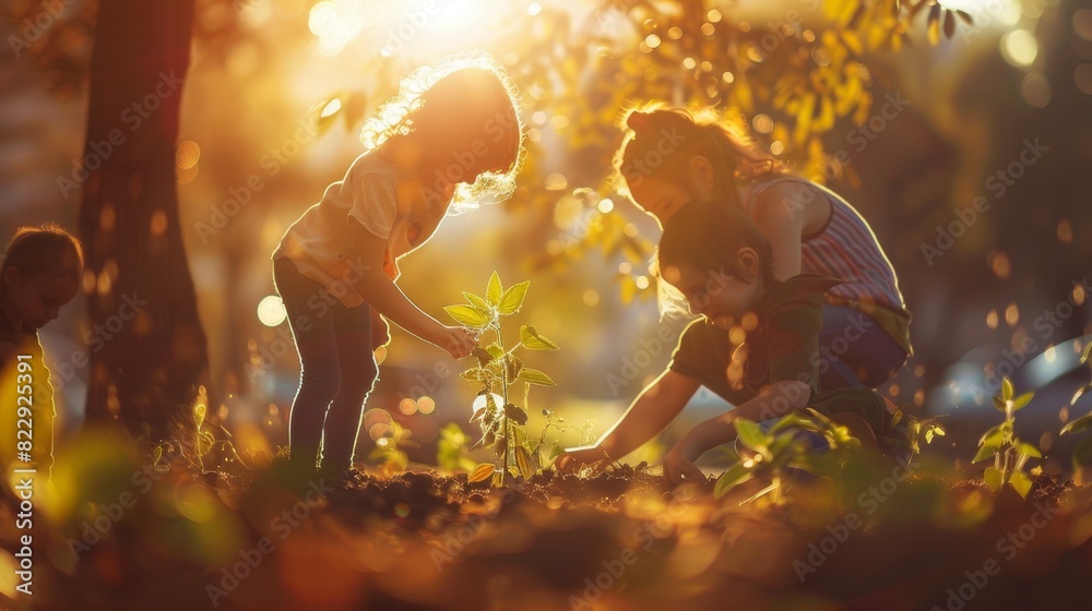 Cute kids and women planting saplings together in a sunny, warm-toned ...