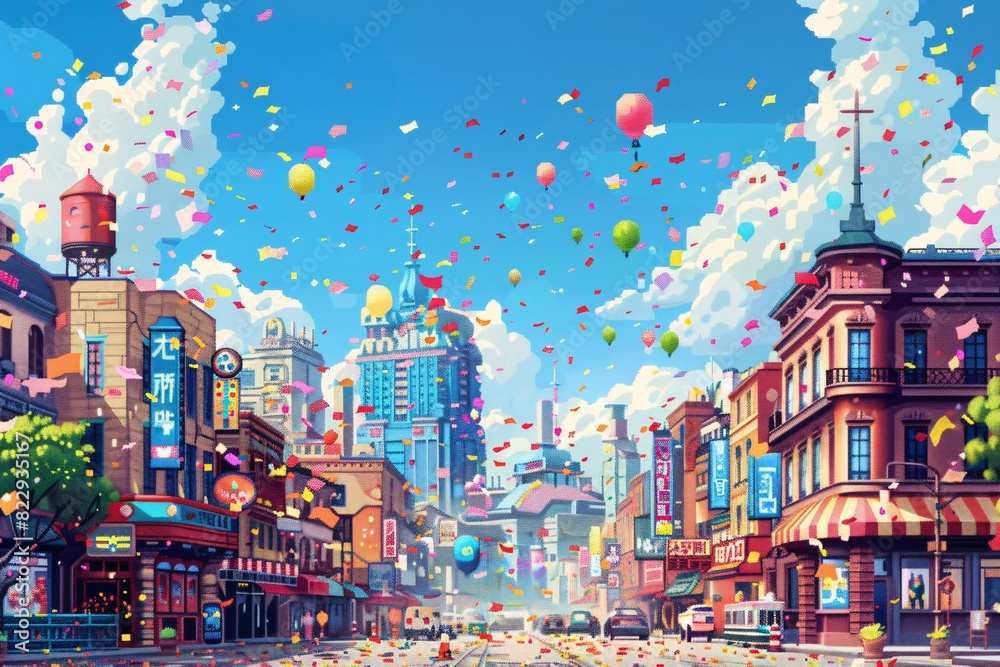 A pixel art scene of a colorful cityscape with cartoon buildings and ...