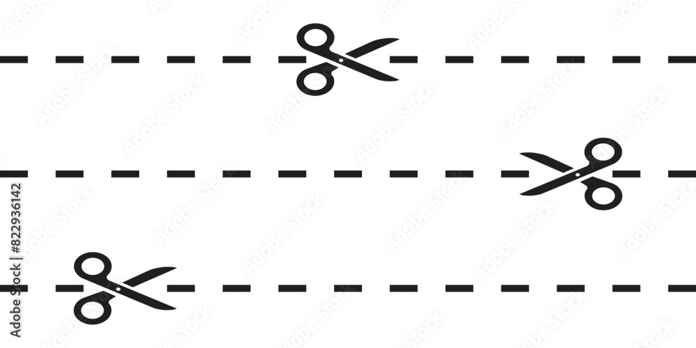 Cut here sign set. cutting scissors with dashed trim lines symbols ...