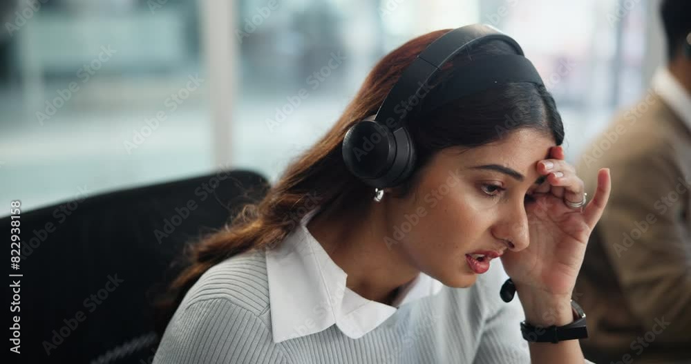 Call center, girl and annoyed or stress in office with conflict with ...