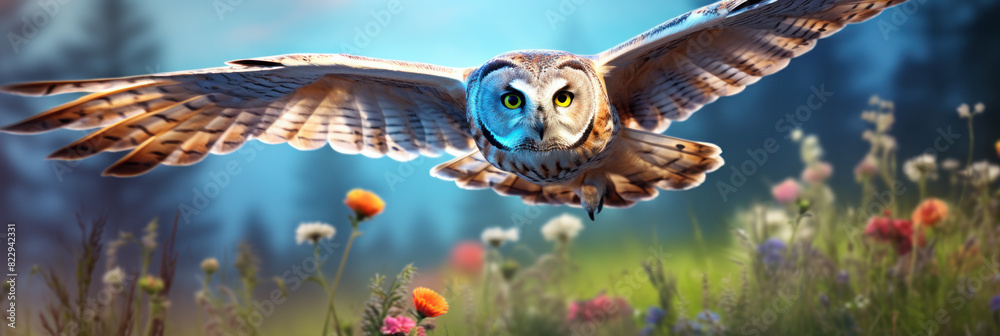 Beautiful flying owl on spring field full of bright wild flowers. Forest bird portrait. Splash ...