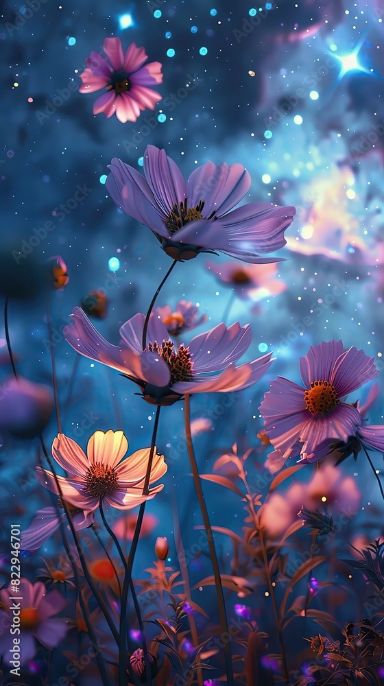 Celestial garden filled with cosmic flowers and starry skies, blending ...
