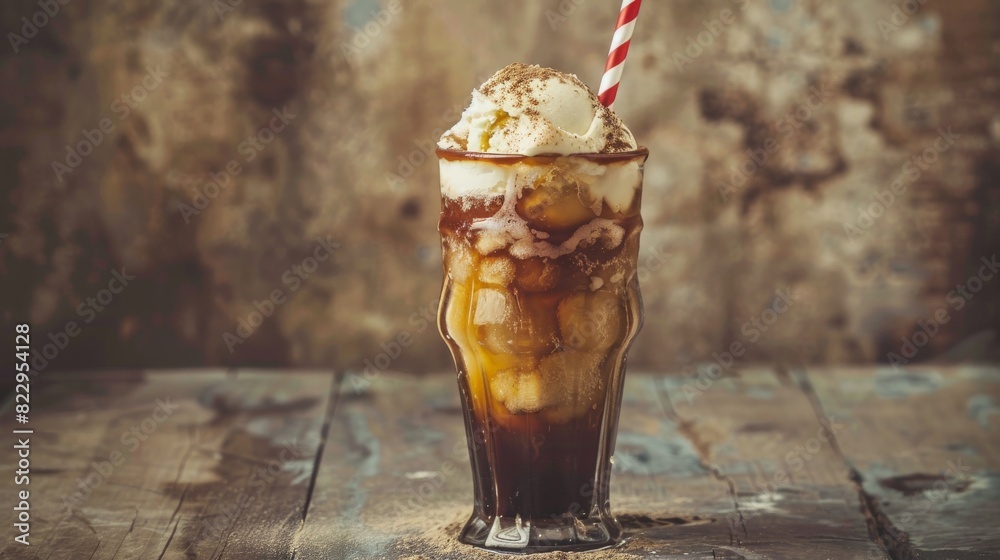 A vintage-style photograph of a root beer float. A tall glass filled ...
