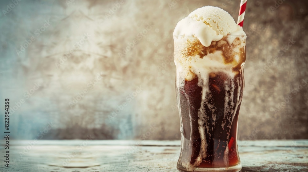 A vintage-style photograph of a root beer float. A tall glass filled ...