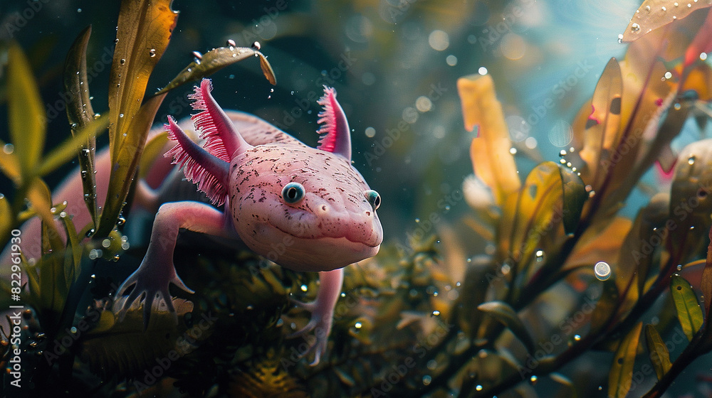 wild life photography. close up photo of a pink axolotl underwater ...