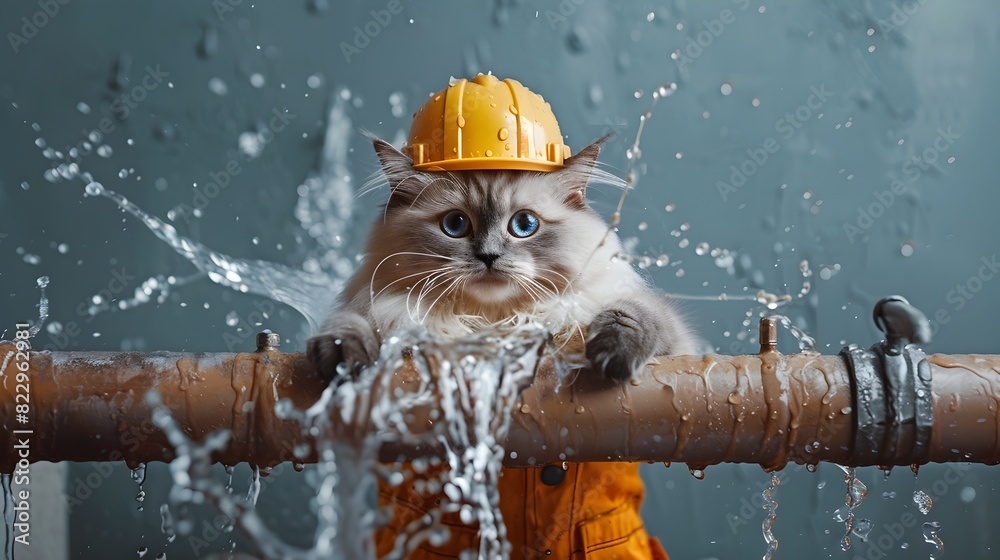 Surreal of a Ragdoll Cat Plumber Fixing a Leaky Pipe with Water ...