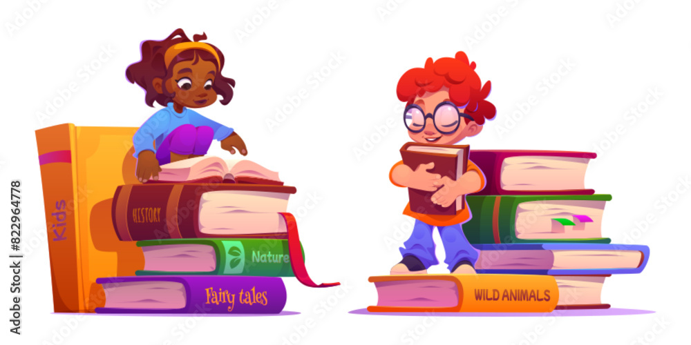 Children read book. Girl kid in library study. Happy little boy in ...