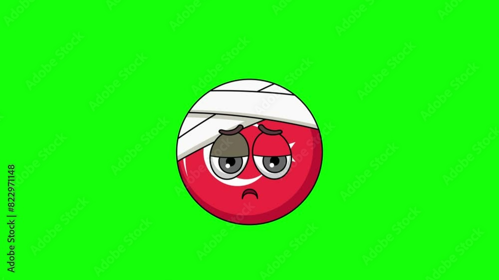 flag of turkey emoticon face with head bandage, emoji loop animation ...