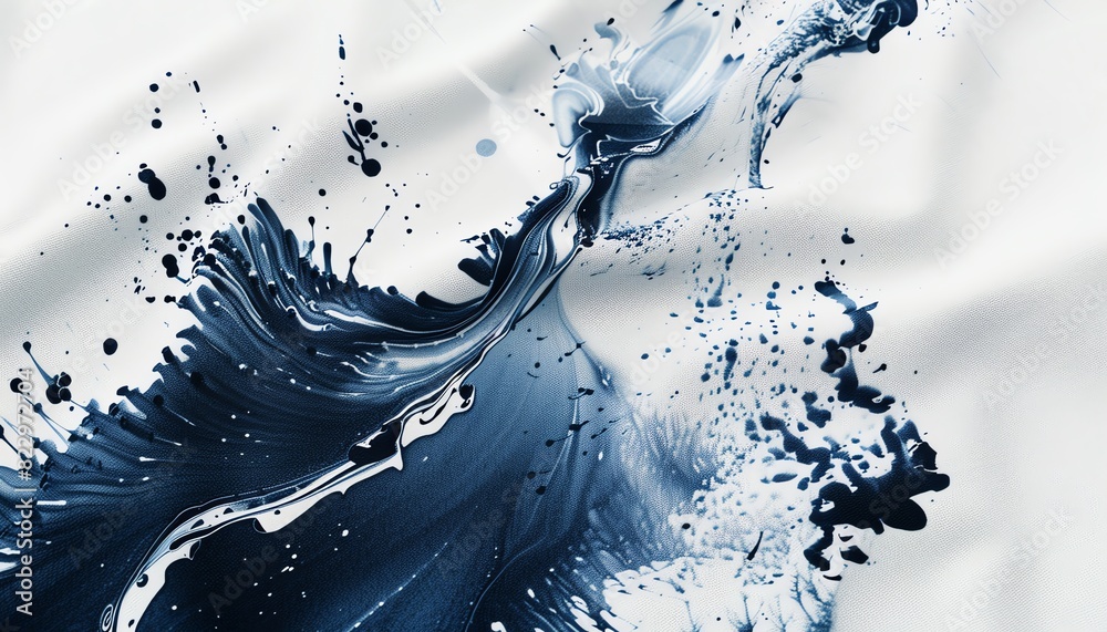 Abstract fluid paint splash and splatter pattern in navy and white ...