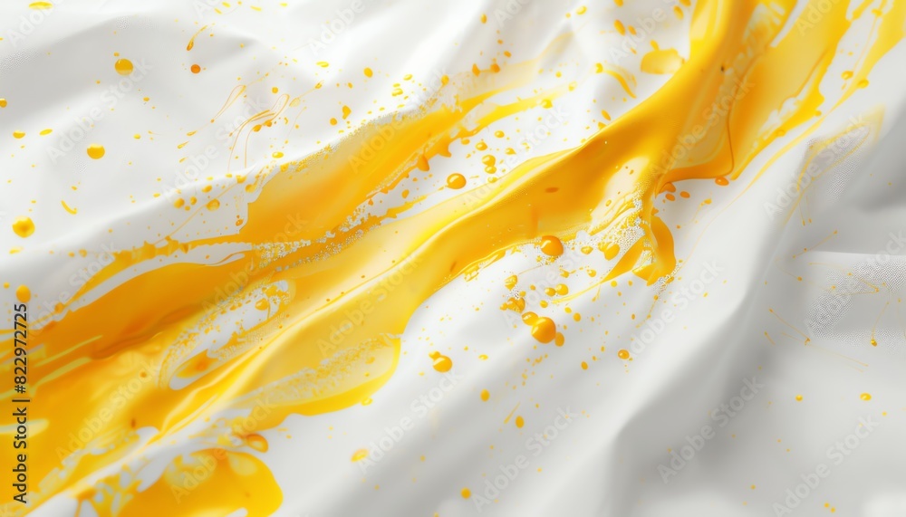 Abstract close-up of yellow paint splattered and flowing on a white ...