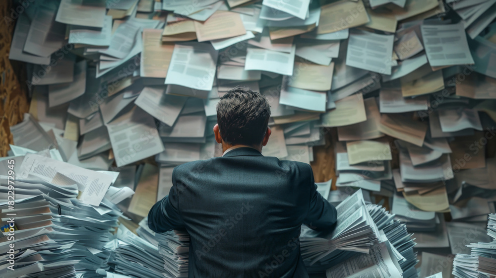 Businessman in the middle of a pile of documents and papers, with a ...