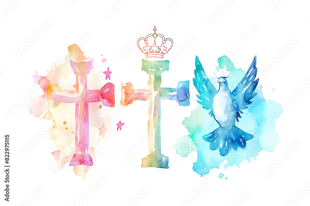 Holy Trinity symbols. Cross, crown and dove of Holy Spirit. Watercolor christian symbols against ...