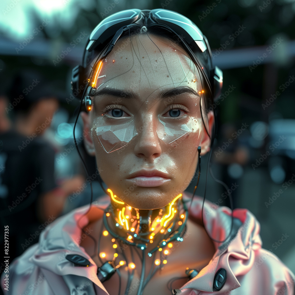 Futuristic rebel avatar with a face partly covered in cybernetic mesh ...