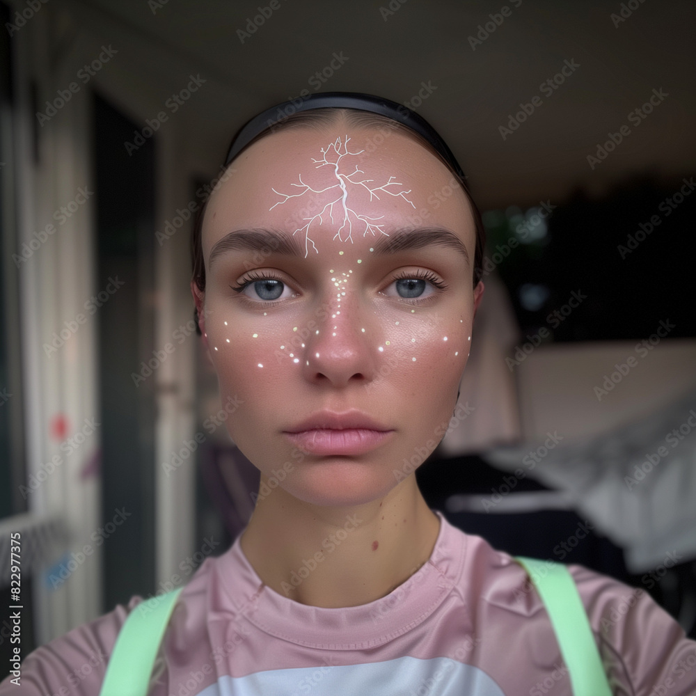 Futuristic rebel avatar with a face partly covered in cybernetic mesh ...