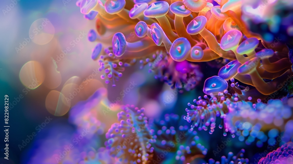 A colorful coral reef with many different types of sea creatures ...