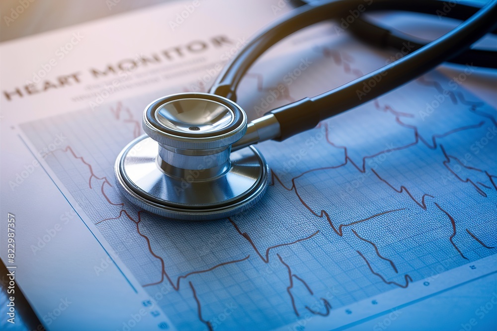 Foto de Stethoscope on a heart monitor printout.Electrocardiogram chart ...