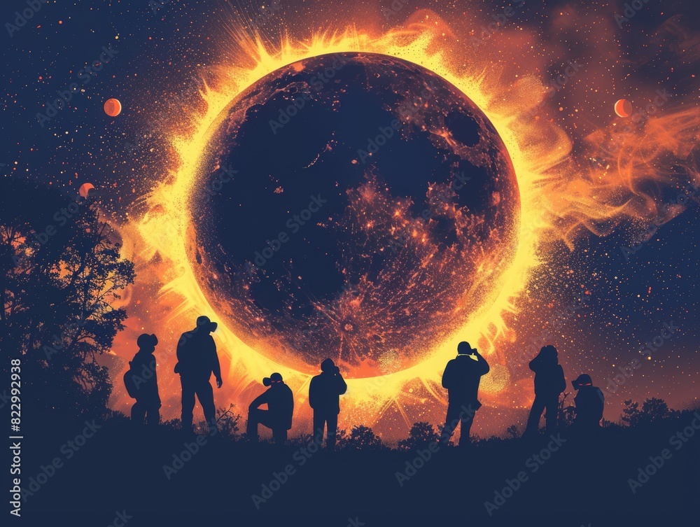 Silhouetted group of people observing a magnificent solar phenomenon ...
