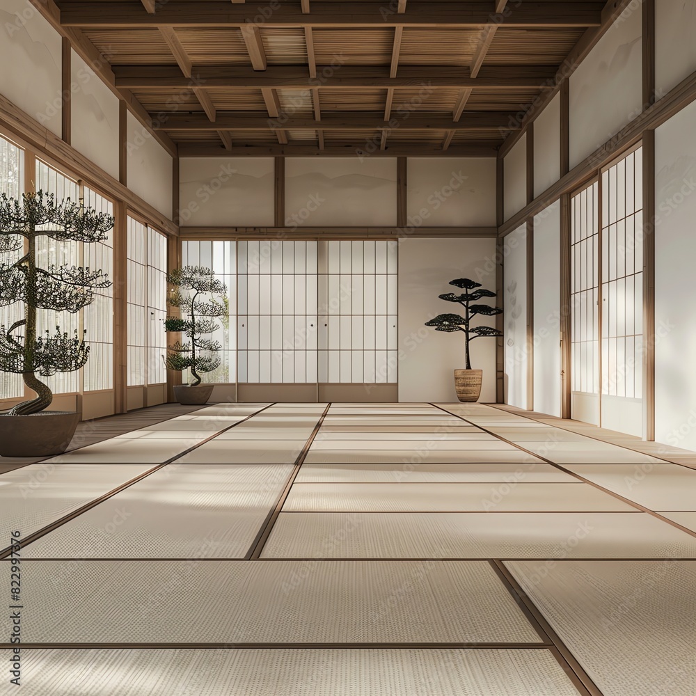 A serene setting of an empty martial arts dojo with traditional tatami ...